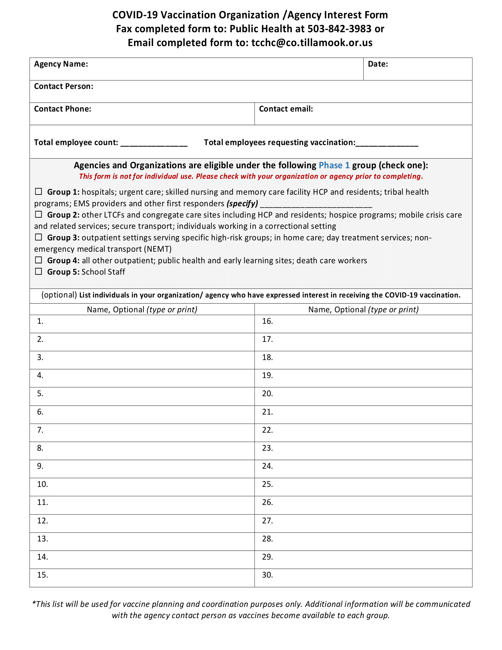 COVID-19 Vaccination Interest Form.Fillable-1 - Tillamook County ...